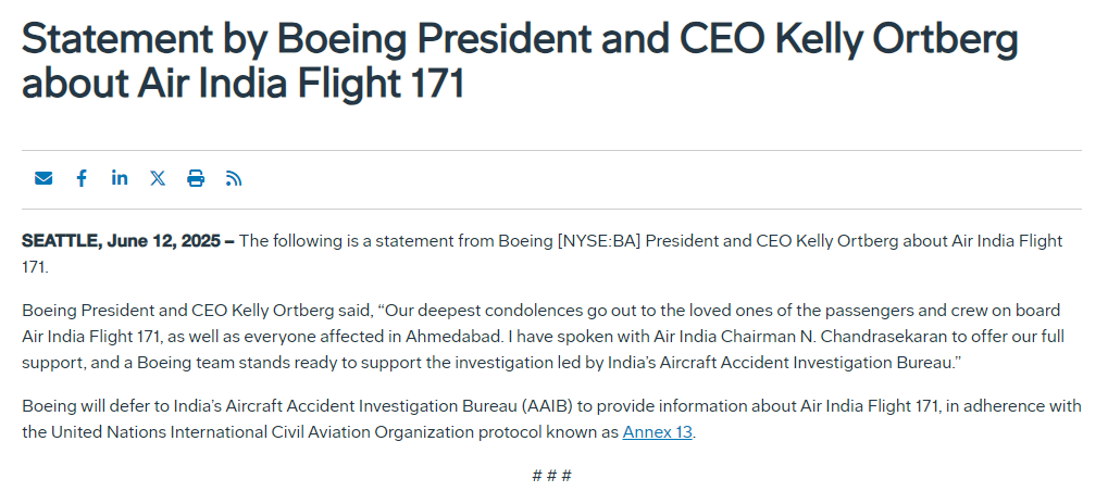 波音发布关于印度航空公司171航班的声明